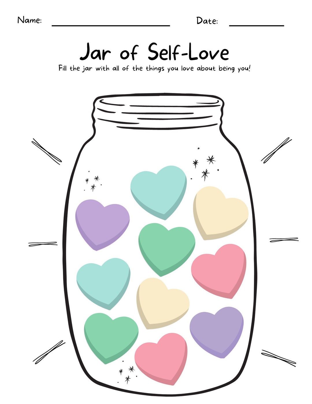 Jar Of Self love SEL Therapy classroom Worksheet Etsy