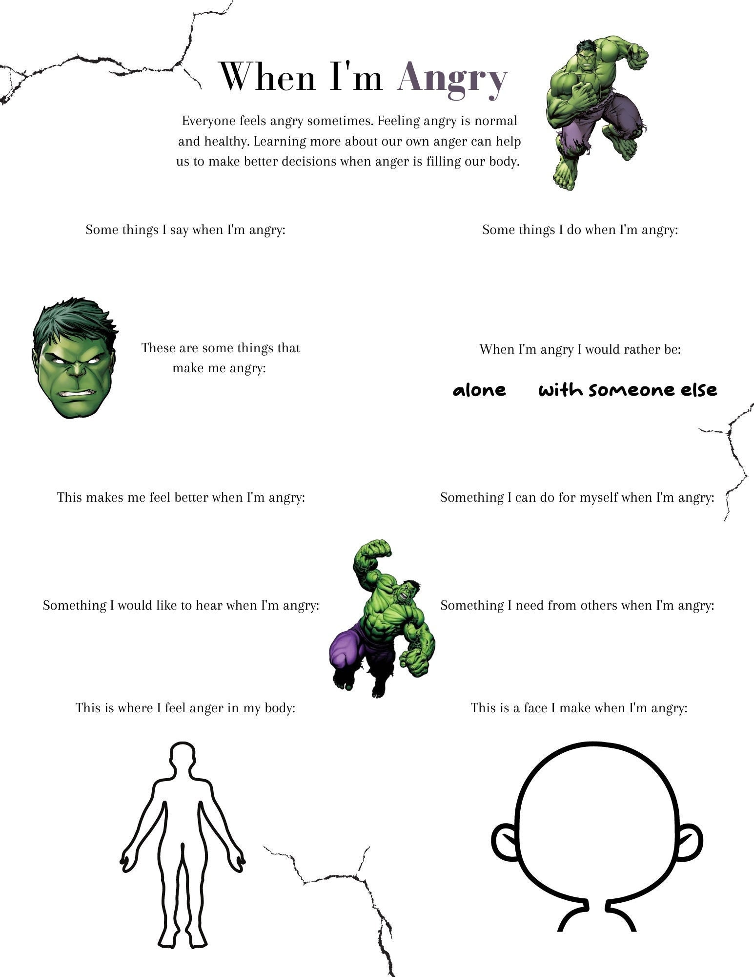 Kids Anger Therapy Emotional Regulation Worksheet - Etsy