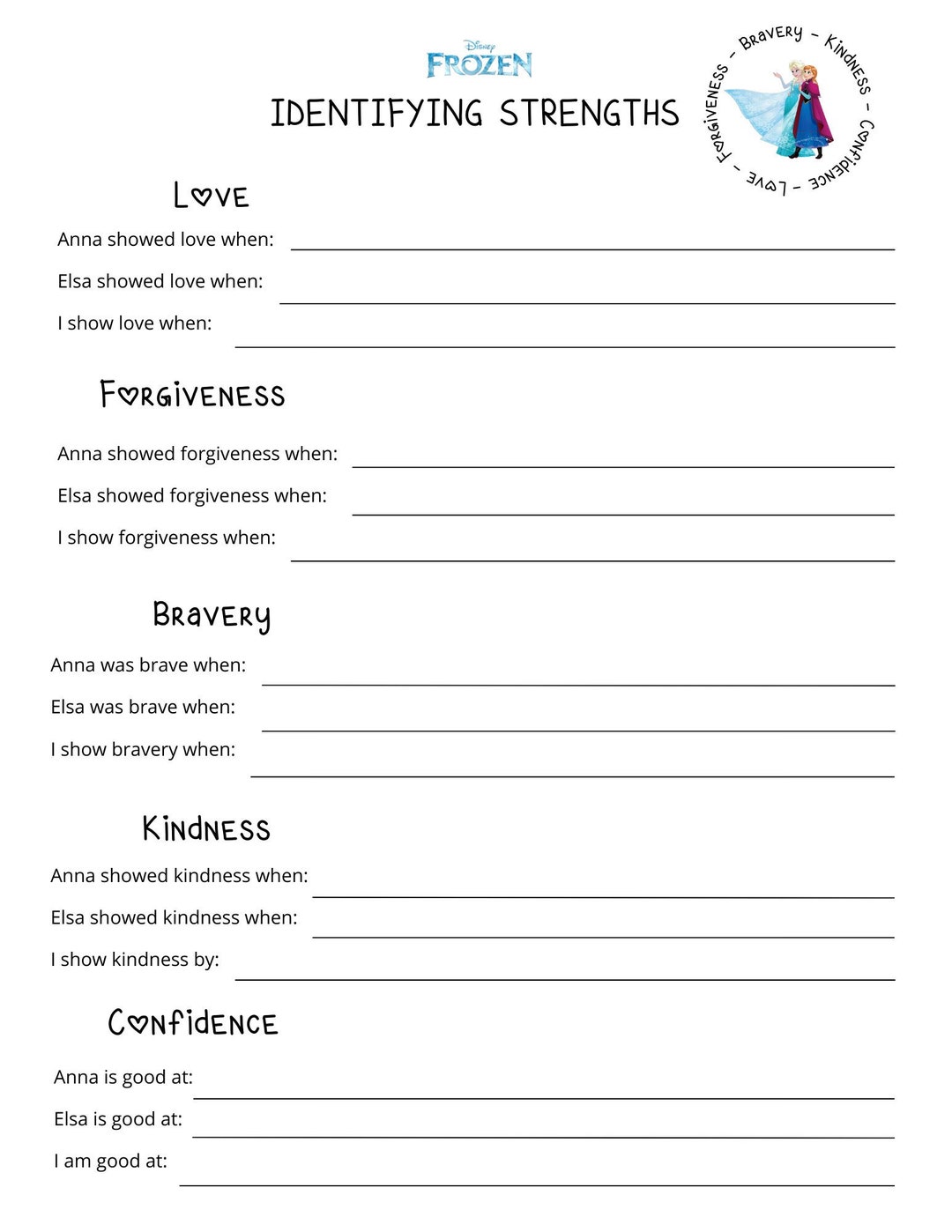 Kids Frozen Therapy Worksheet- Identifying Strengths - Etsy