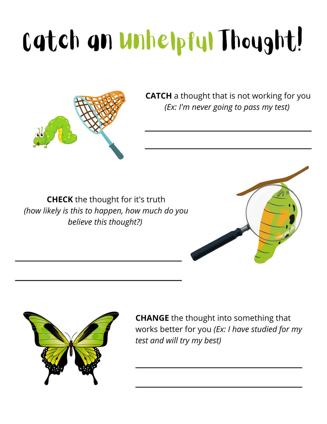 Catch an Unhelpful Thought CBT Therapy Worksheet - Etsy
