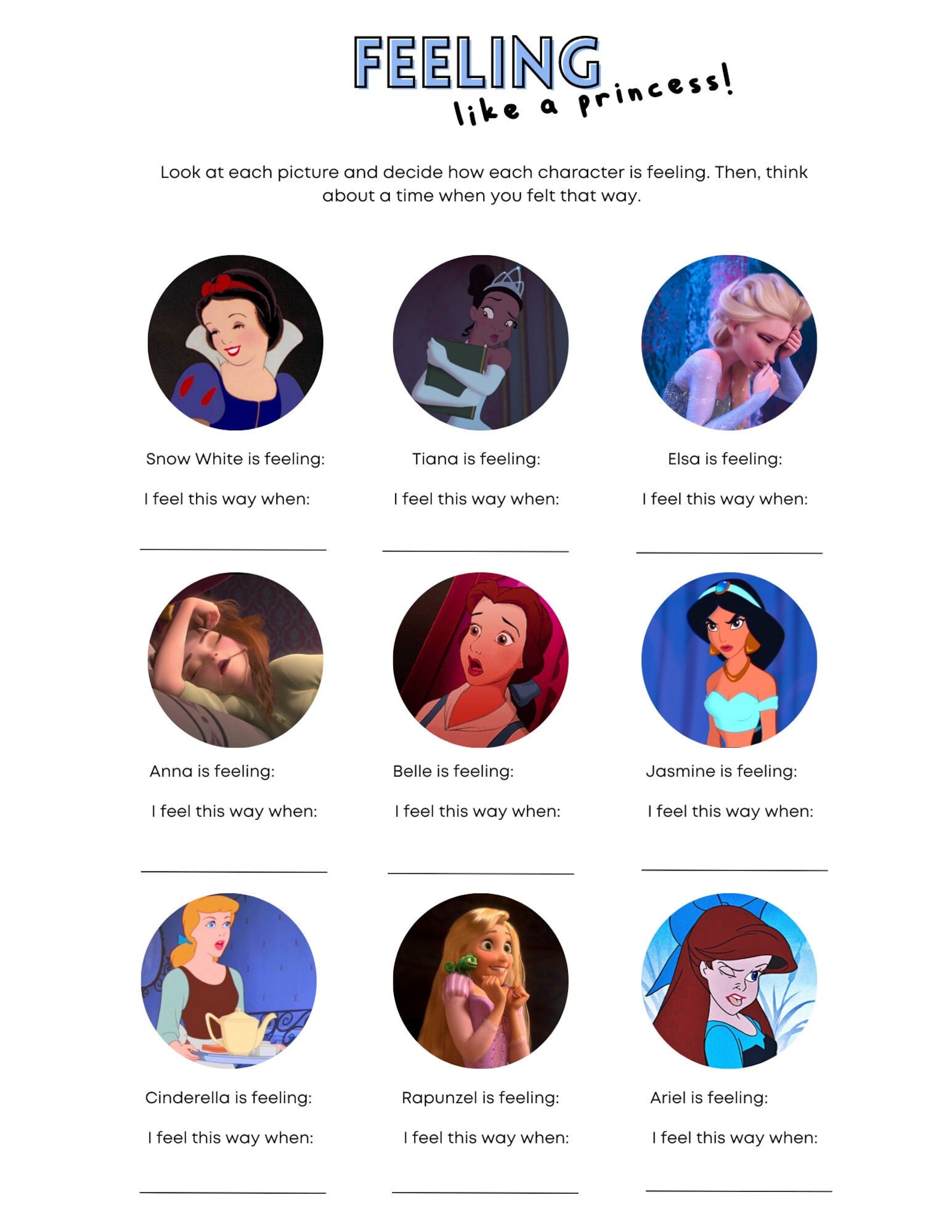 Identifying Feelings Therapy Worksheet (princess Edition) - Etsy