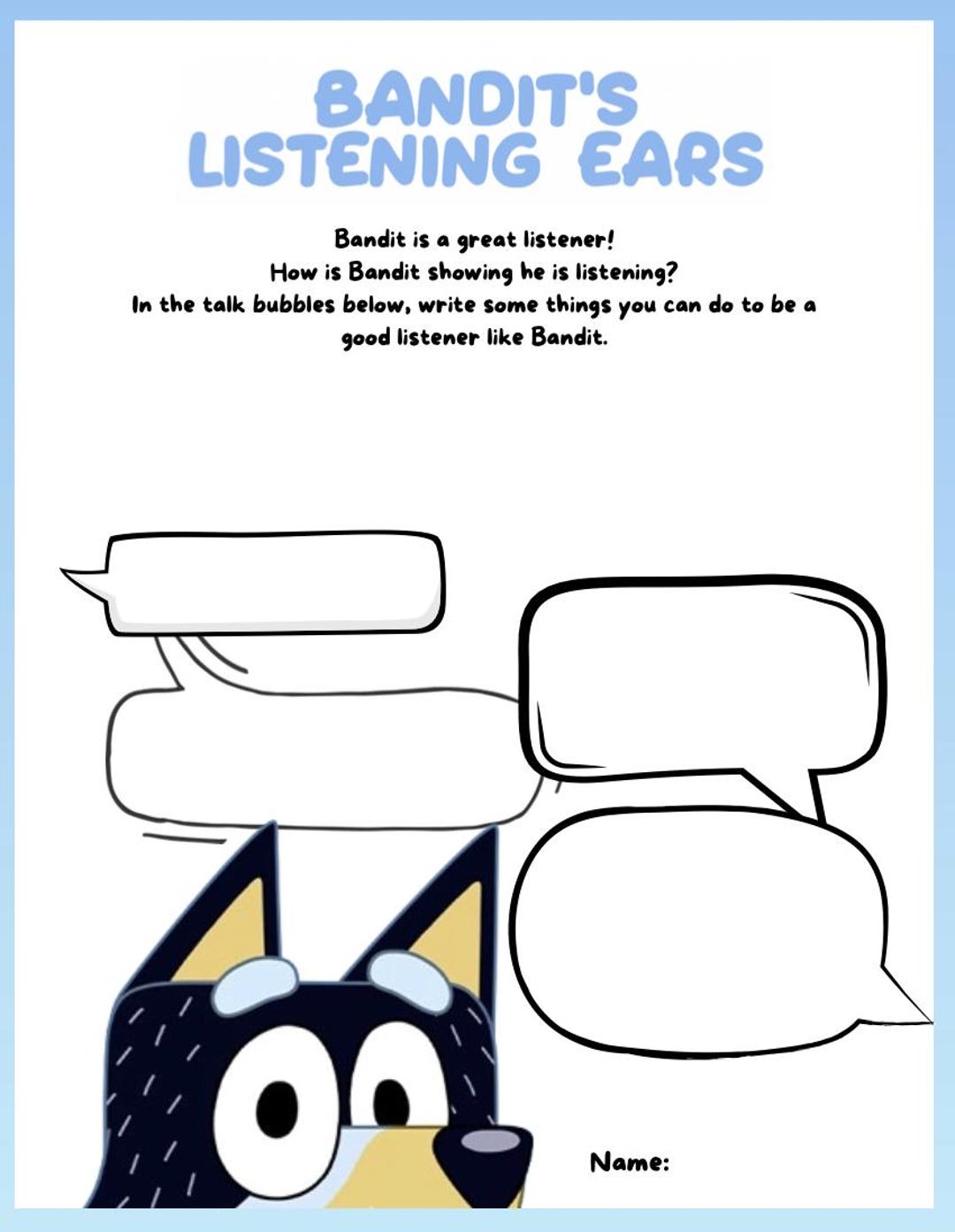Bluey Worksheet Bandit's Listening Ears SEL Effective Listening Skills ...