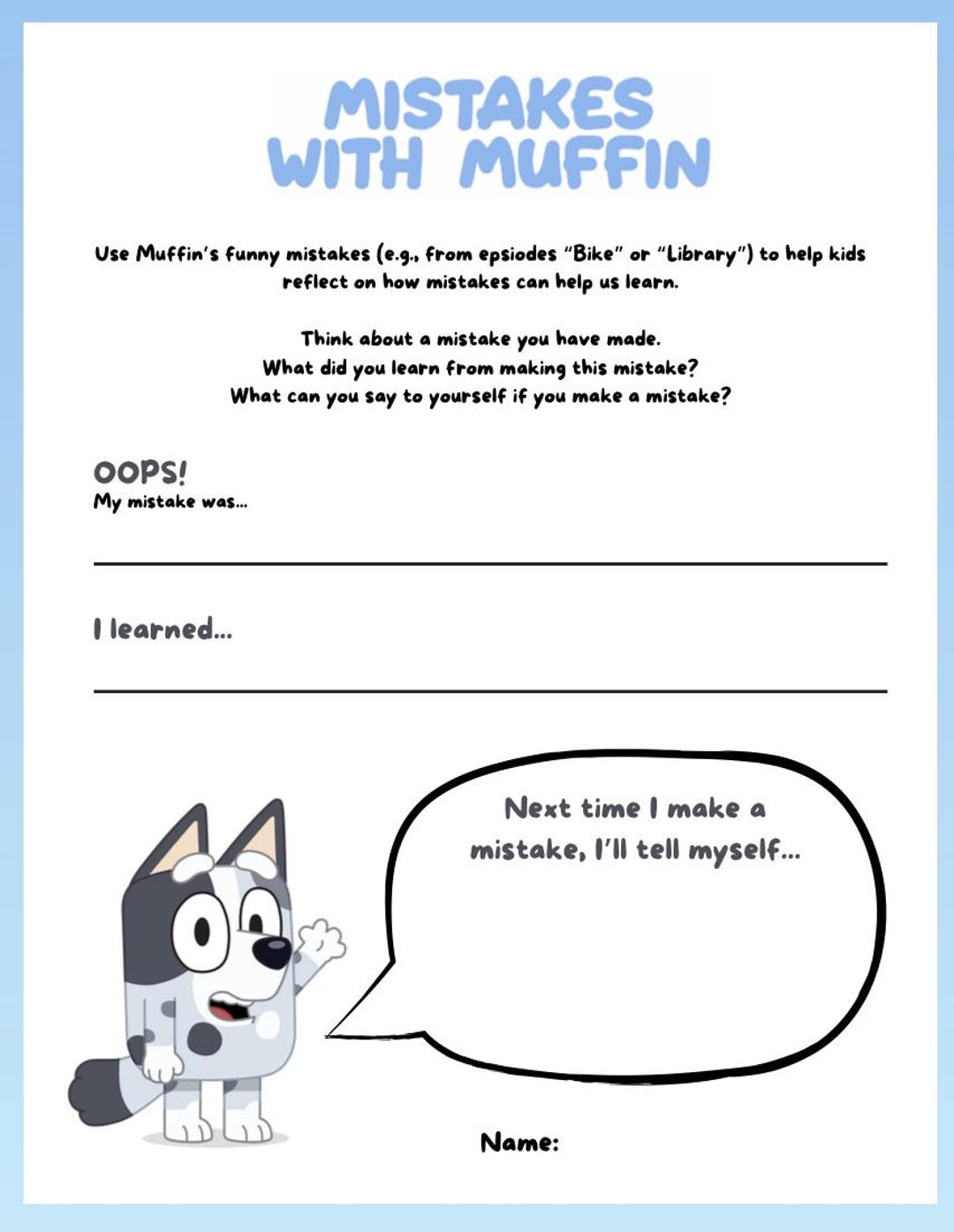 Bluey Kids SEL Therapy Worksheet- Making Mistakes - Etsy