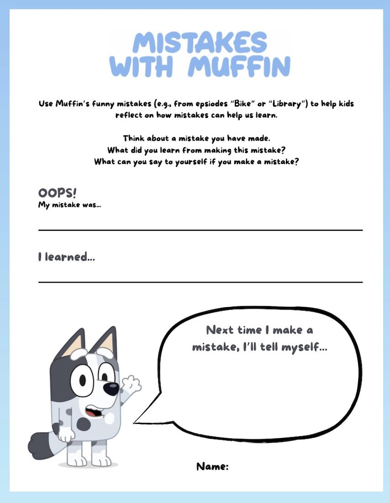 Bluey Kids SEL Therapy Worksheet- Making Mistakes - Etsy
