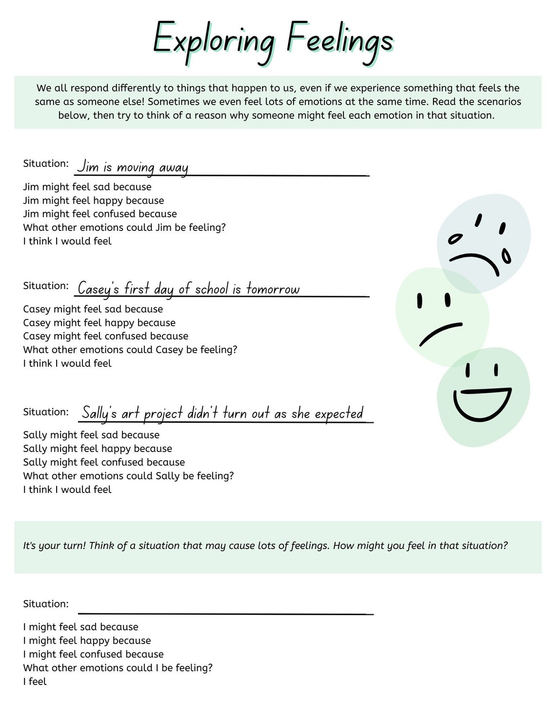 Exploring Feelings SEL Child Therapy/classroom Worksheet - Etsy