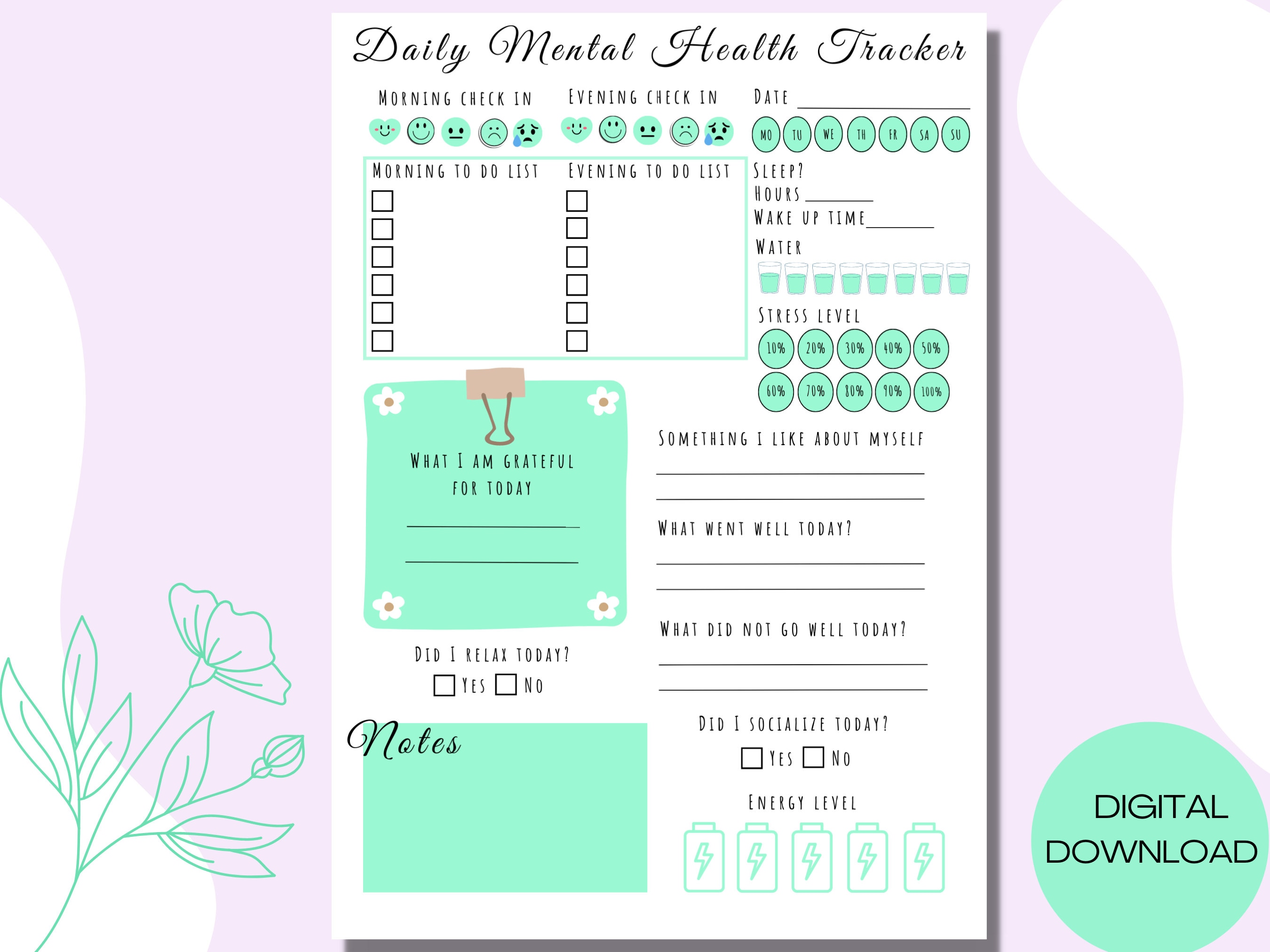 Daily Mental Health Tracker | Printable PDF | Daily Mood Tracker | Mood ...