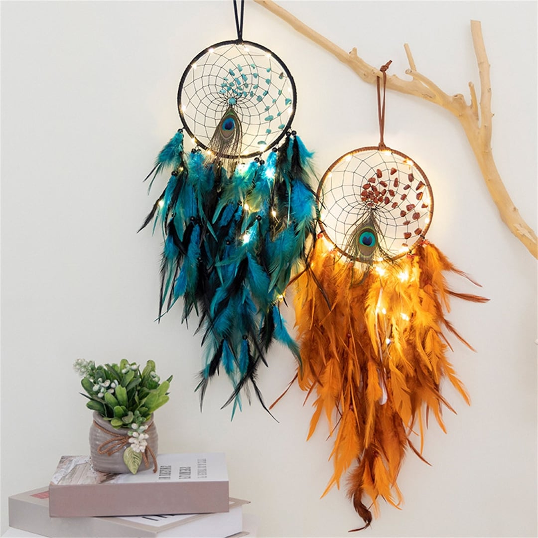 Peacock Feather Crystal Chips Light Strip Dream Catcher, Window Hanging ...