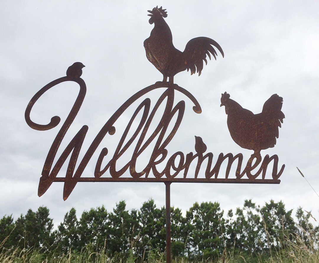 Welcome Sign With Chickens 51 X 40 Cm + Rod Garden Stake Rust Garden ...