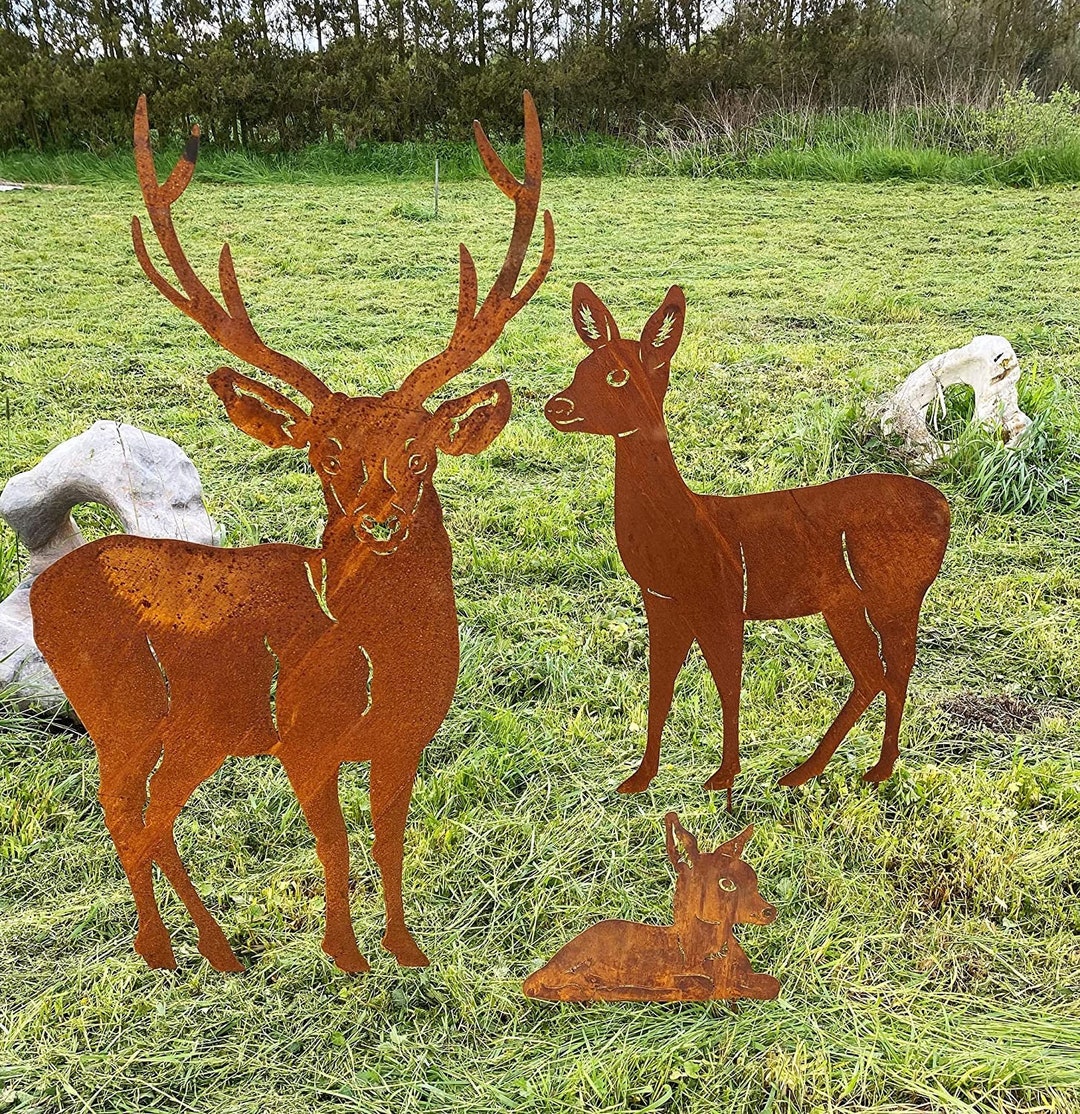 3er Set Hirsch Familie Reh mit Rehkitz und Hirsch 117cm Gartenstecker ...