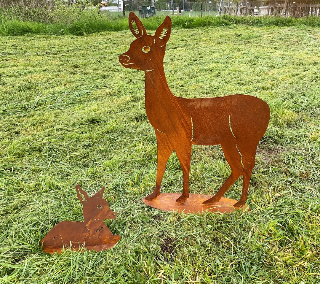 2er Set stehendes Reh mit Rehkitz 80cm / 32cm auf Platte Edelrost Rost ...