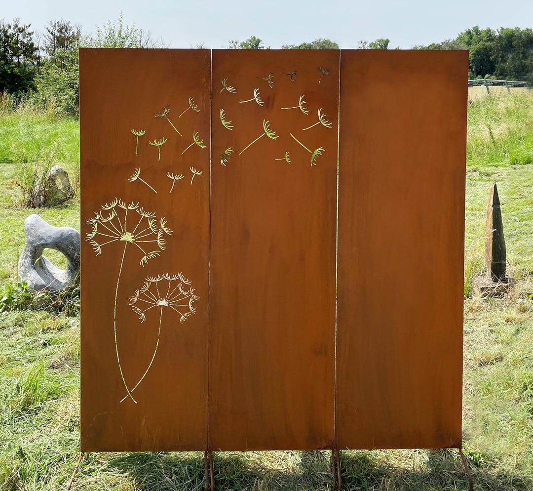 Set of 3 Patina Privacy Screens With Dandelion Motifs 165 X 150 Cm ...