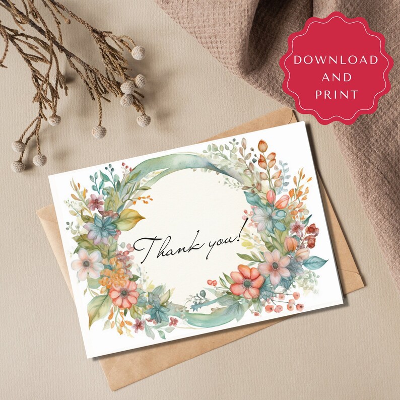 Printable Thank You Card Whimsical Floral Wreath Instant Download ...
