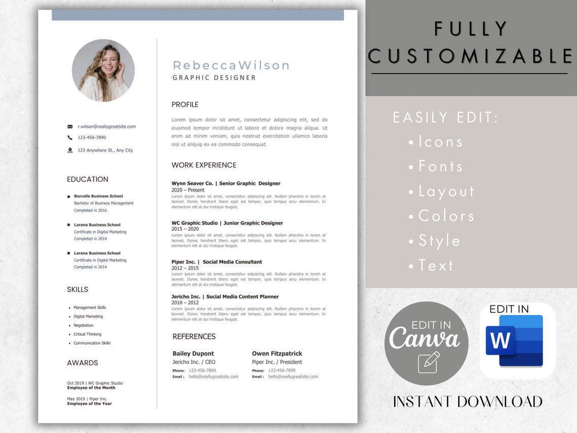 Canva Resume Template, Editable Resume Template, Graphic Designer ...