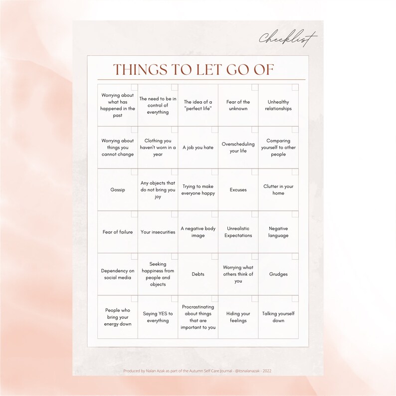 Things to Let Go of Checklist, Self Care Checklist, Self Care Planner ...