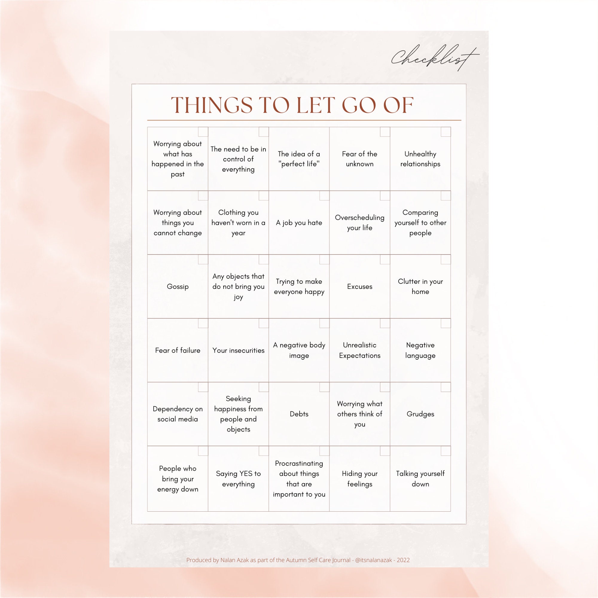 Things to Let Go of Checklist, Self Care Checklist, Self Care Planner ...