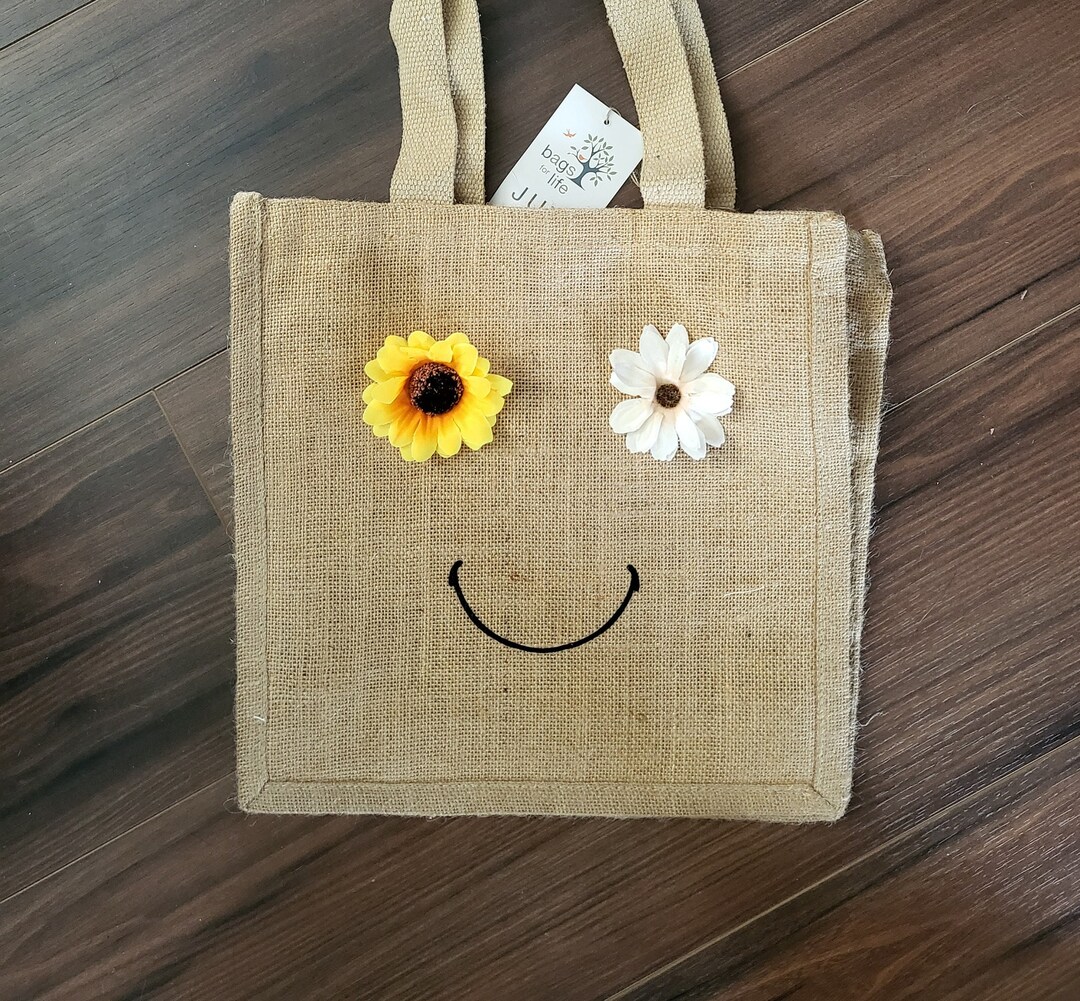 Smiley Flower Jute Shopper - Etsy
