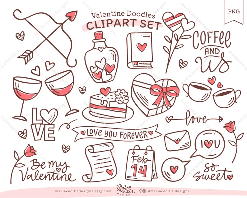 Valentine's Day Doodle Clipart PNG, February Planner Stickers (digital ...
