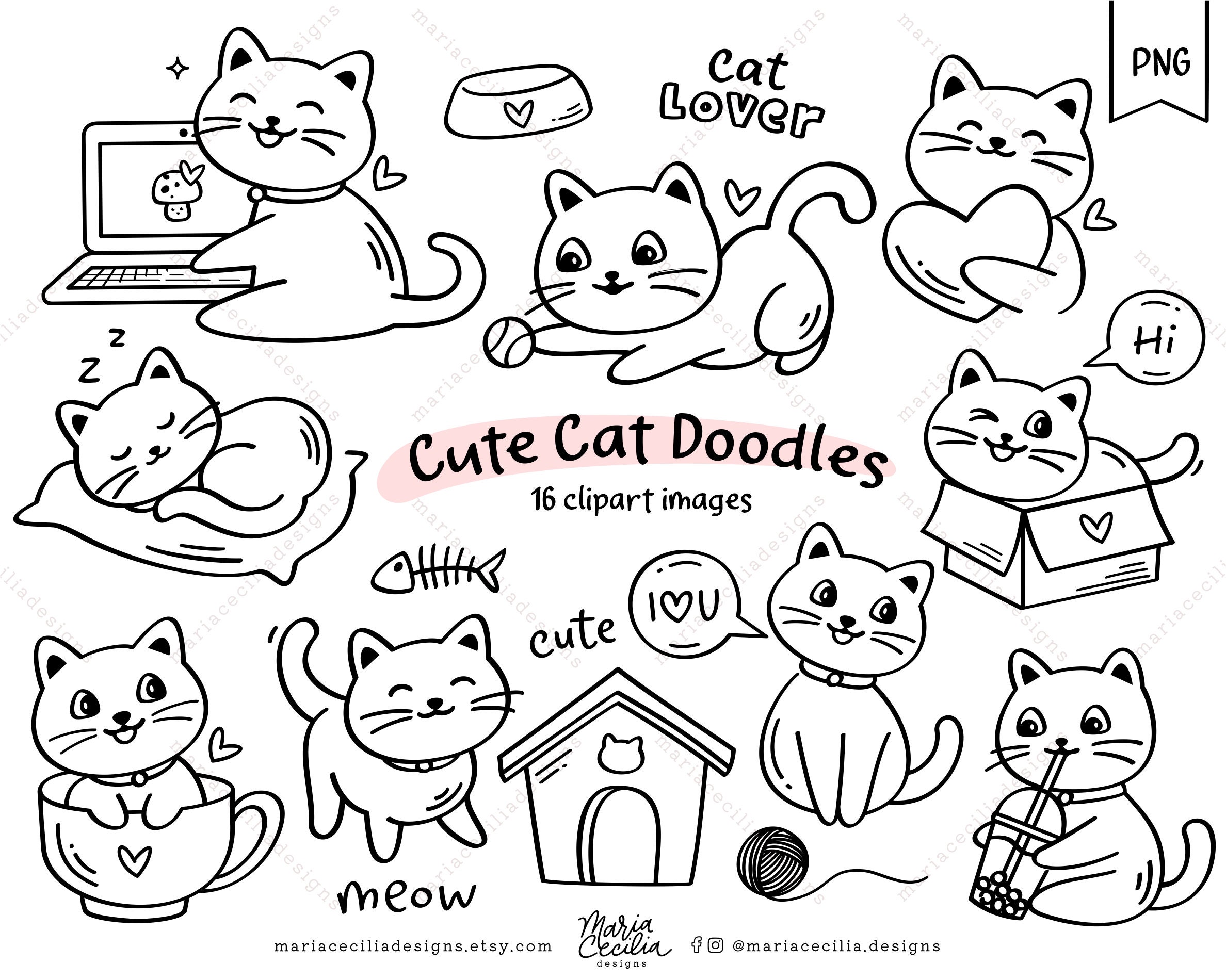 Cute Kawaii Cat Doodles Clipart PNG, Cat Planner Stickers, Digital ...