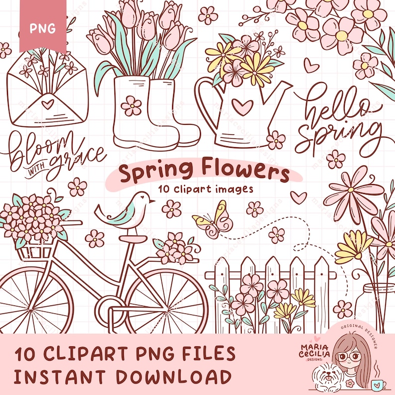 Spring Flower Doodle Clipart, Floral PNG Stickers (instant Download) - Etsy