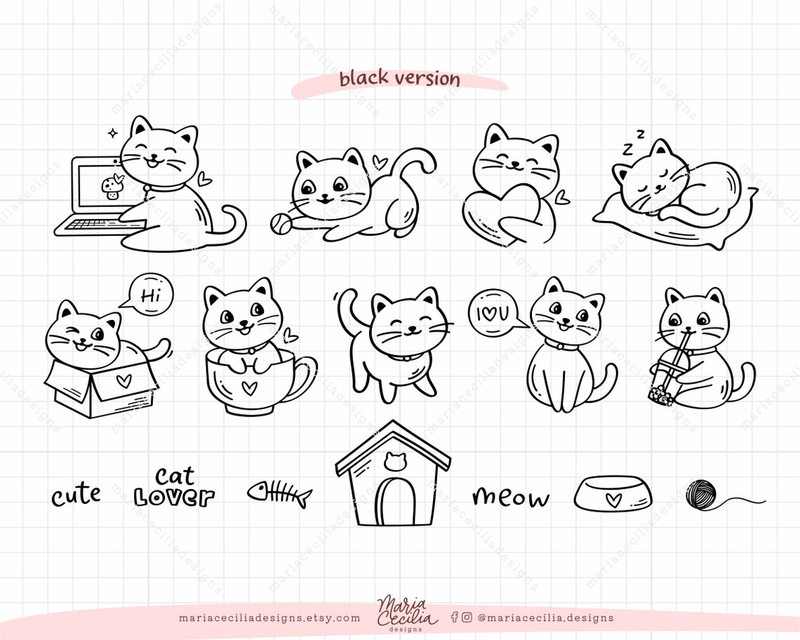 Cute Kawaii Cat Doodles Clipart PNG, Cat Planner Stickers, Digital ...
