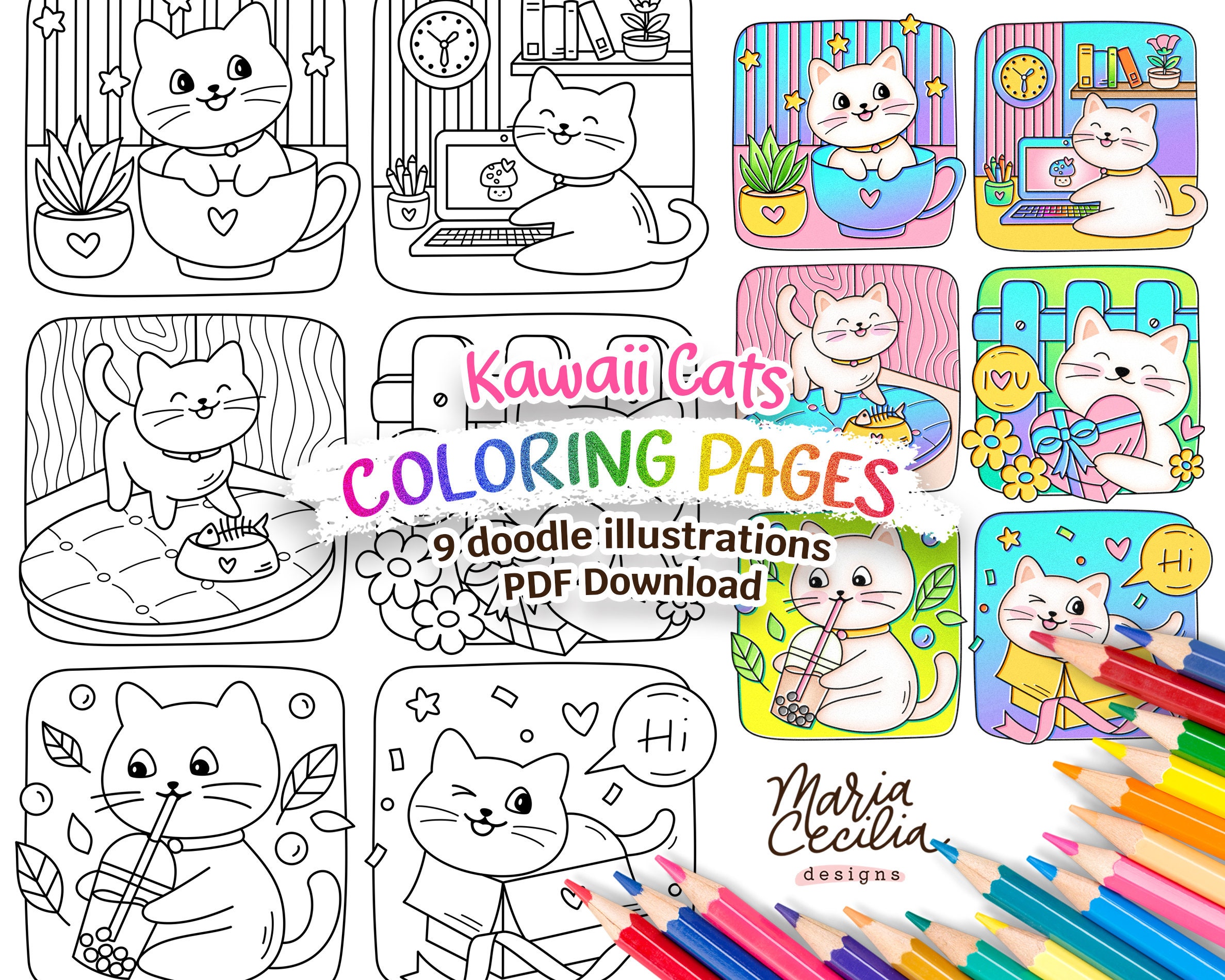 Kawaii Cats Coloring Pages, Cute Cat Printable Coloring Book, Kawaii ...
