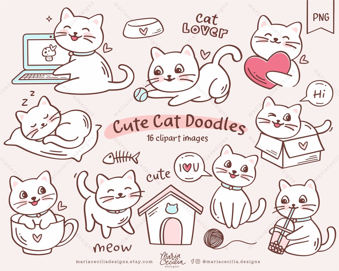 Cute Kawaii Cat Doodles Clipart PNG, Cat Planner Stickers, Digital ...