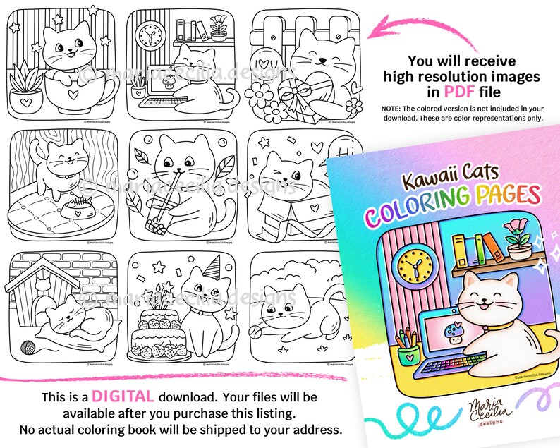 Kawaii Cats Coloring Pages, Cute Cat Printable Coloring Book, Kawaii ...