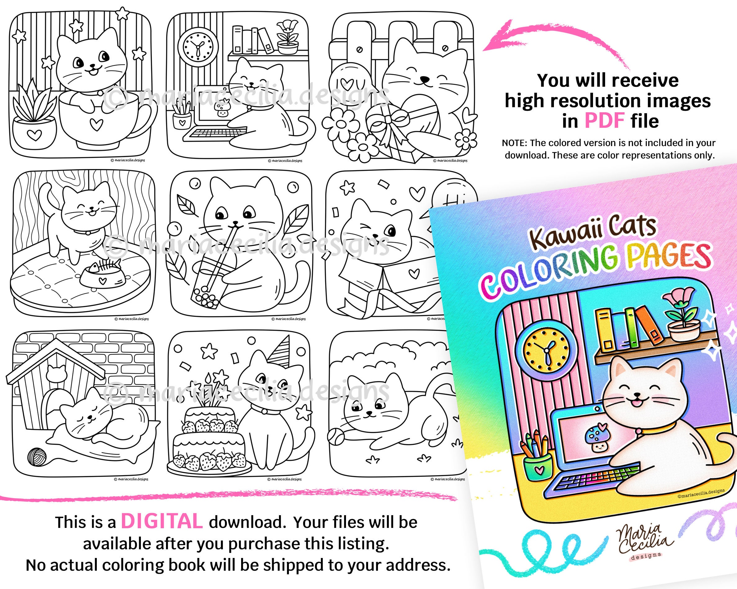 Kawaii Cats Coloring Pages, Cute Cat Printable Coloring Book, Kawaii ...