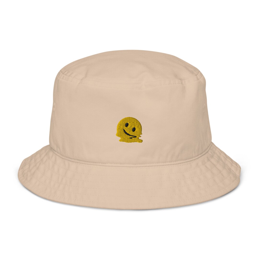 Embroidered Melting Smiley Face Organic Bucket Hat, Embroidery Bucket ...