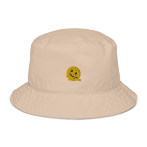 Embroidered Melting Smiley Face Organic Bucket Hat, Embroidery Bucket ...