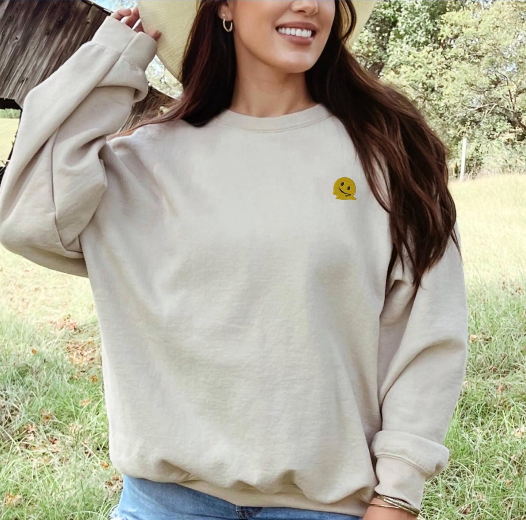 Embroidered Melting Smiley Face Crew, Embroidery Sweatshirt, Melted ...