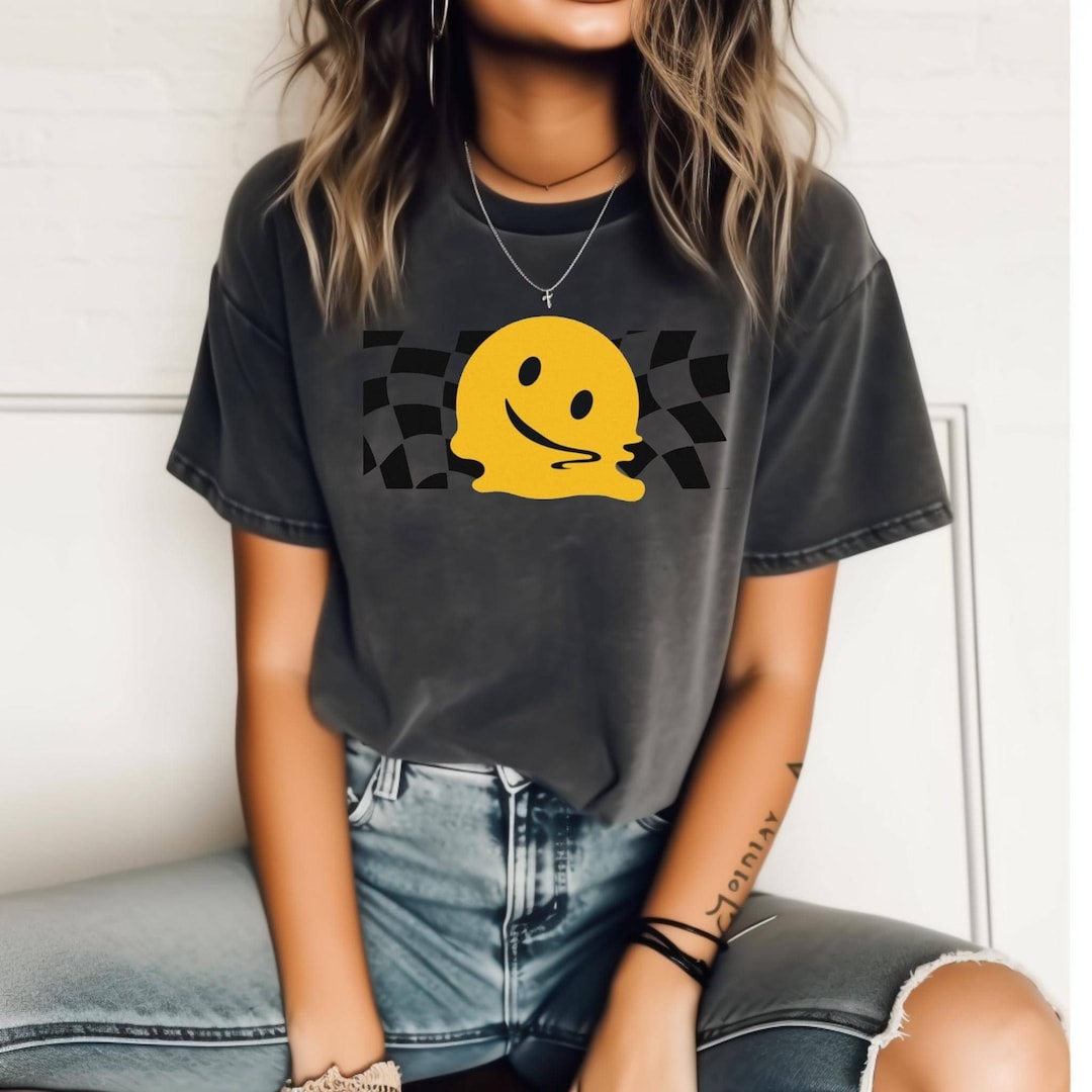 Checker Happy Face Tee, Melty Smiley Face Shirt, Comfort Colors ...