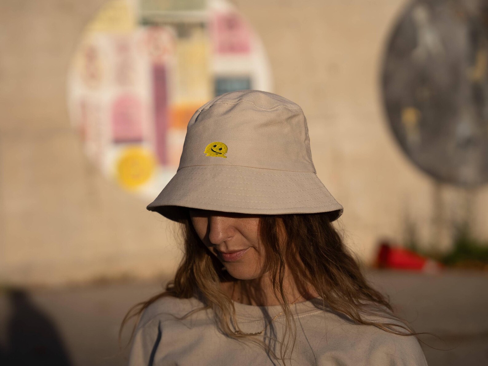 Embroidered Melting Smiley Face Organic Bucket Hat, Embroidery Bucket ...