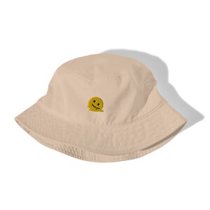 Embroidered Melting Smiley Face Organic Bucket Hat, Embroidery Bucket ...