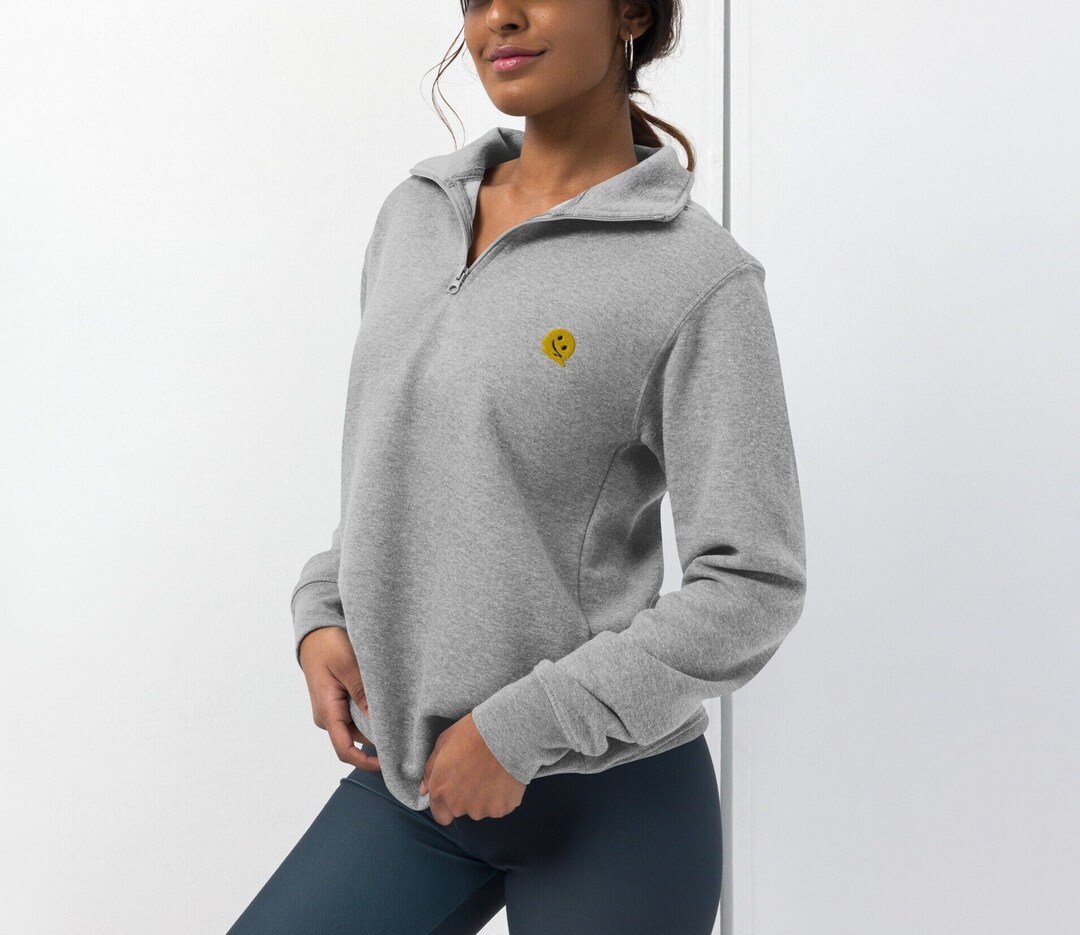 Embroidered Melting Smiley Face Fleece Pullover, Quarter-zip Sweatshirt ...