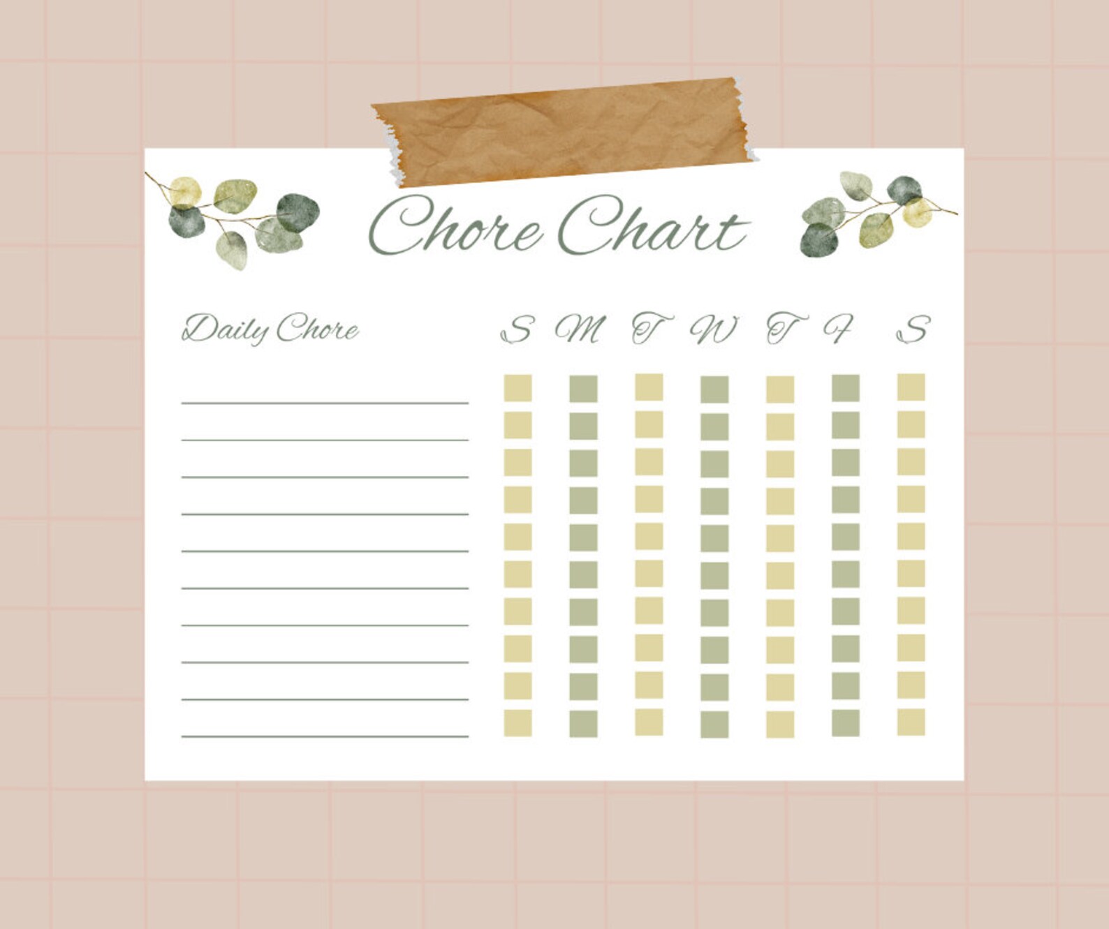 Downloadable Green and Gold Daily Chore Chart, Pastel Chore Chart ...