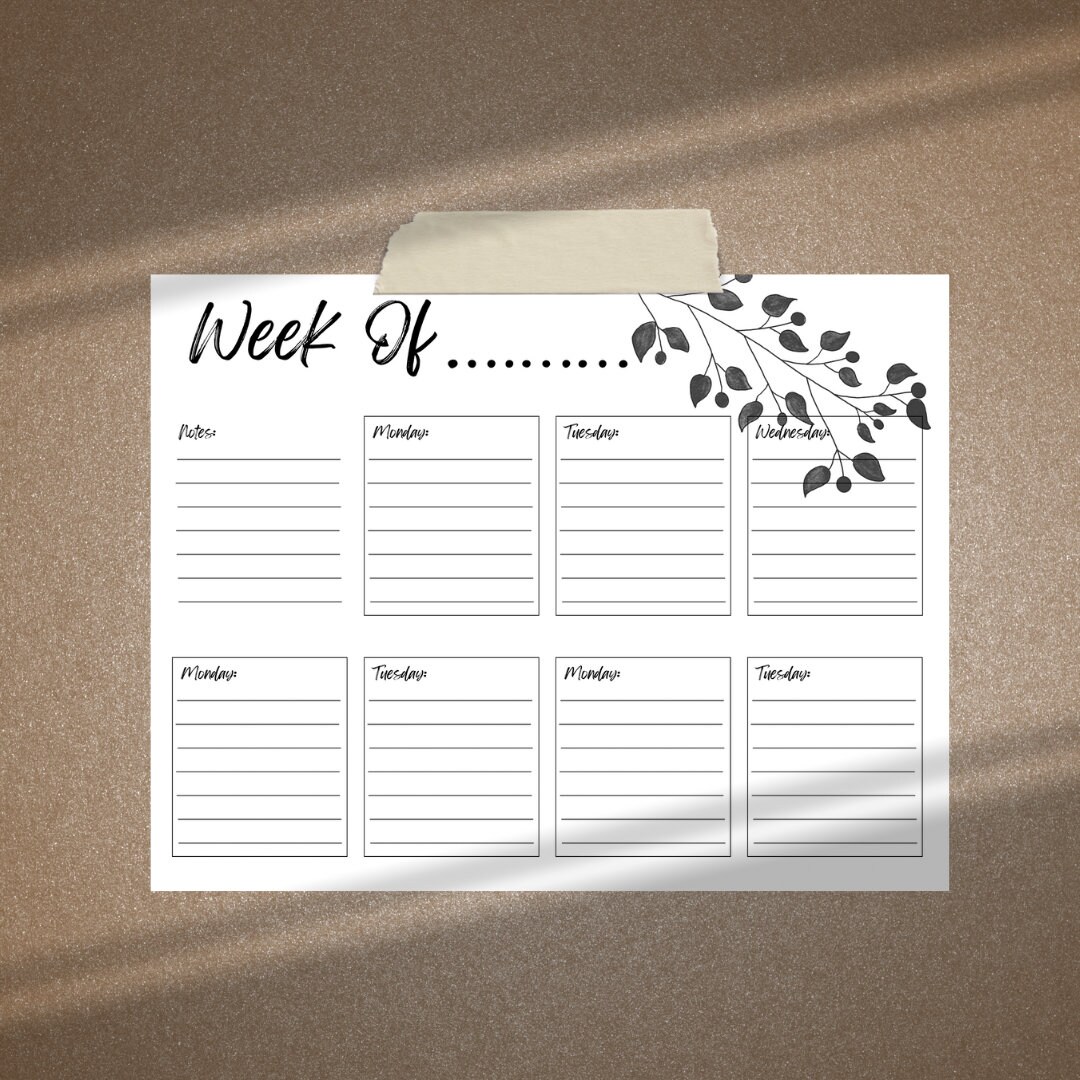 Simplistic Downloadable Weekly Planner, Printable Black and White ...