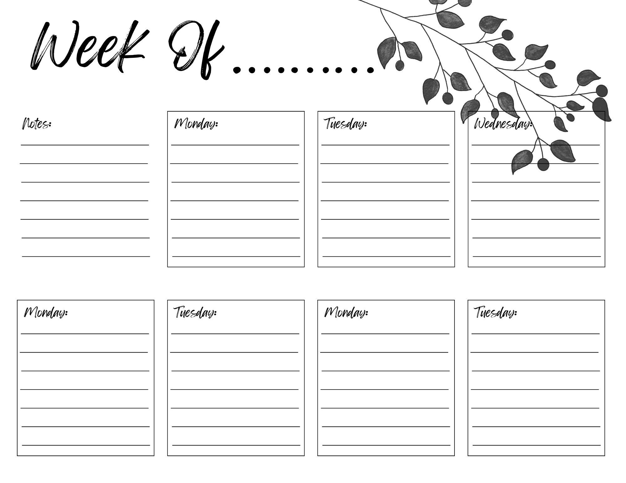 Simplistic Downloadable Weekly Planner, Printable Black and White ...