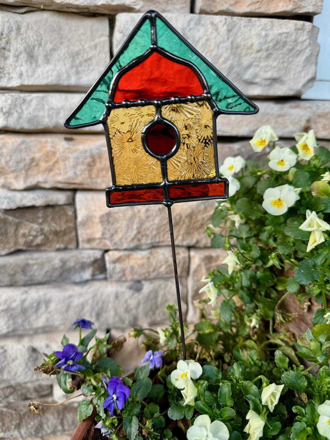 Colorful Original Stained Glass Bird House Plant Stake - Etsy