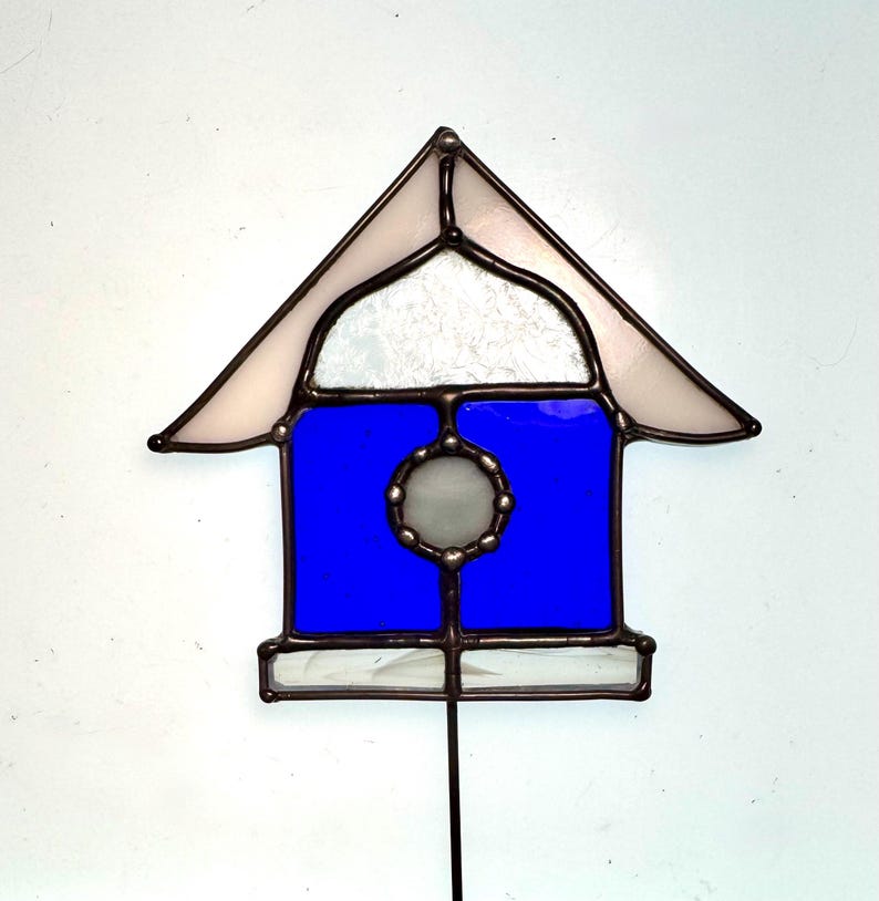Cool Blue Original Stained Glass Bird House Plant Stake - Etsy