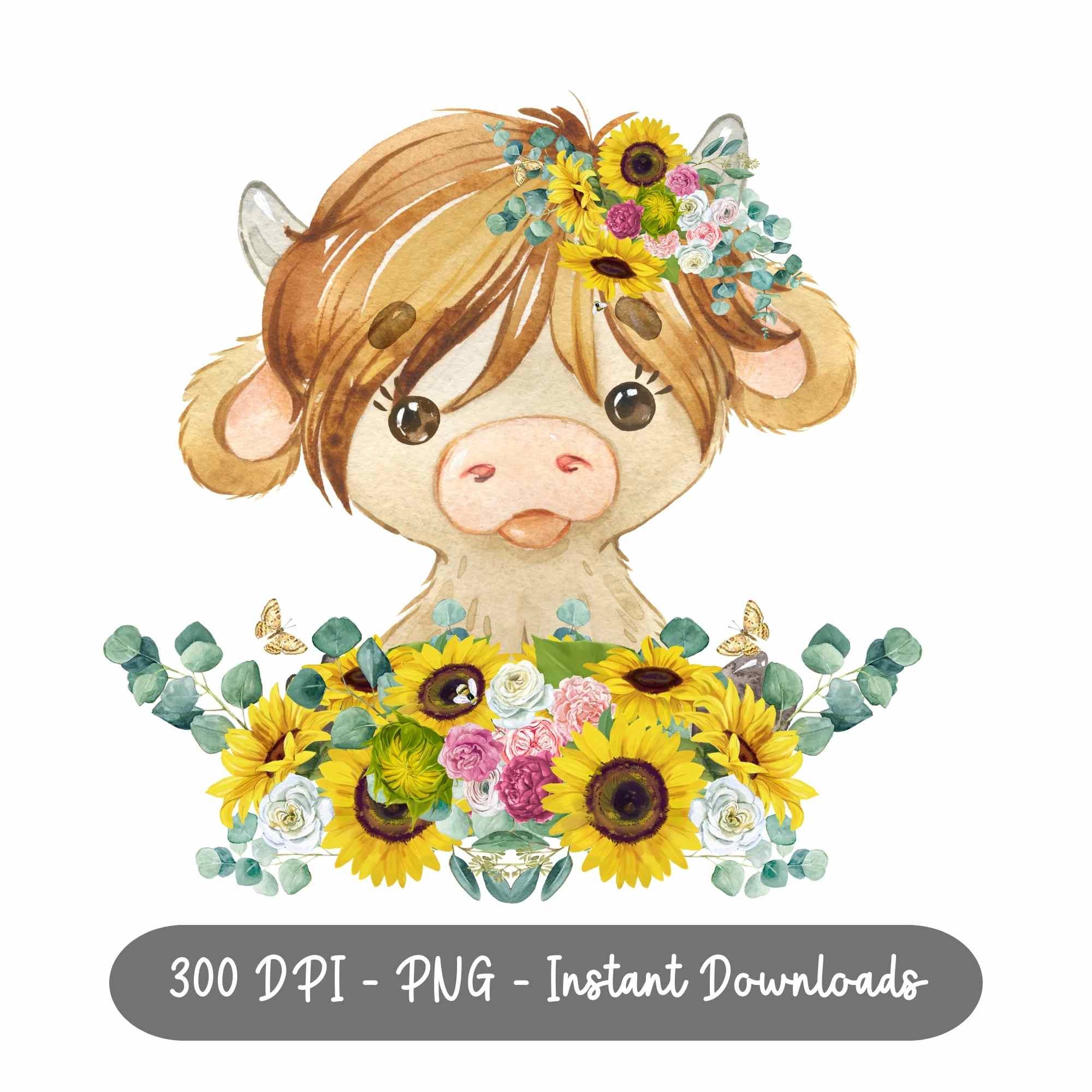 Cute Baby Highland Cow With Sunflowers PNG, Sunflower Sublimation ...