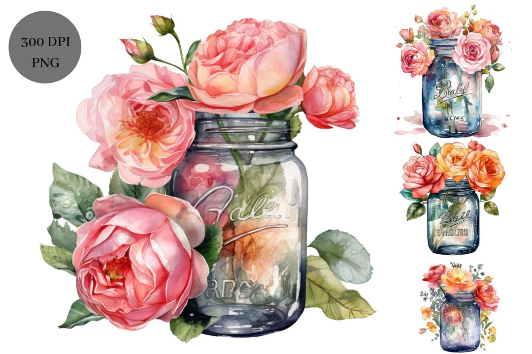 Mason Jar Flowers Clipart PNG Watercolor Glass Vase Bouquet - Etsy ...