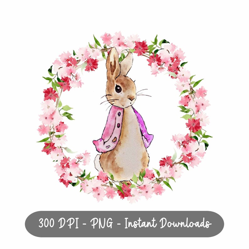 Pink Peter Rabbit PNG, Baby Shower PNG, Flopsy Bunny Floral Wreath PNG ...
