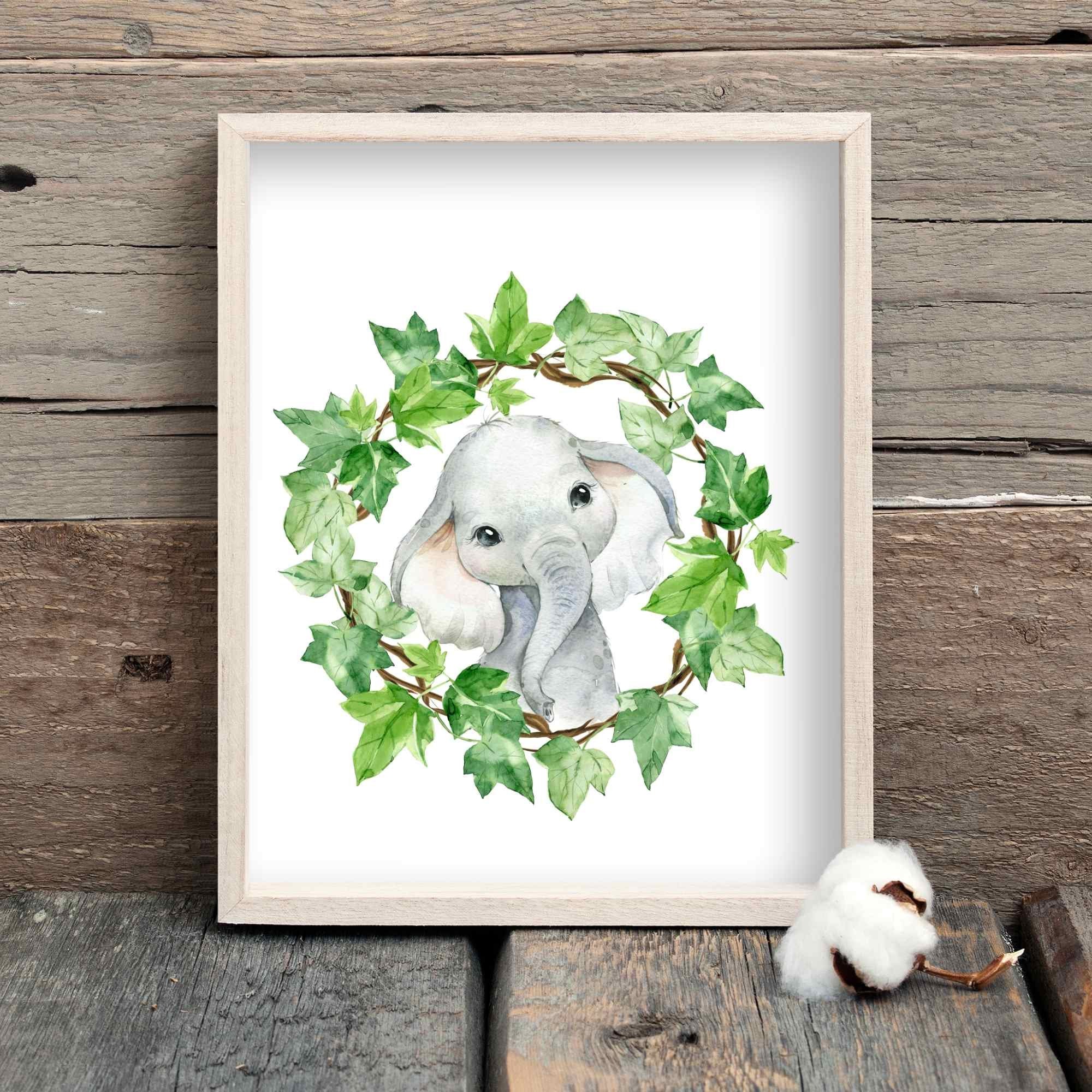 Baby Elephant Ivy Greenery Wreath PNG, Greenery Nursery Printable, Kids ...
