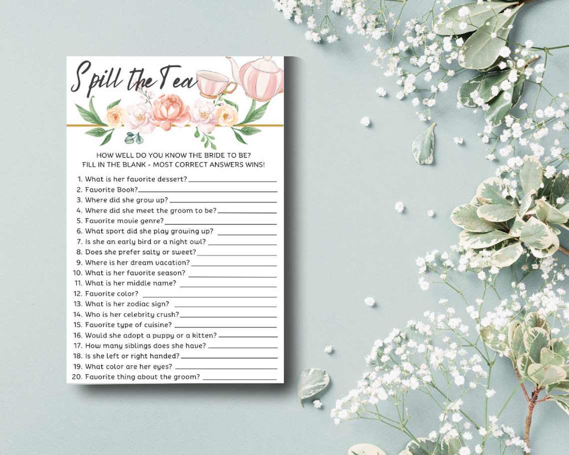 Spill the Tea | Bridal Shower Party Game | 20 Questions| Printable PDF ...