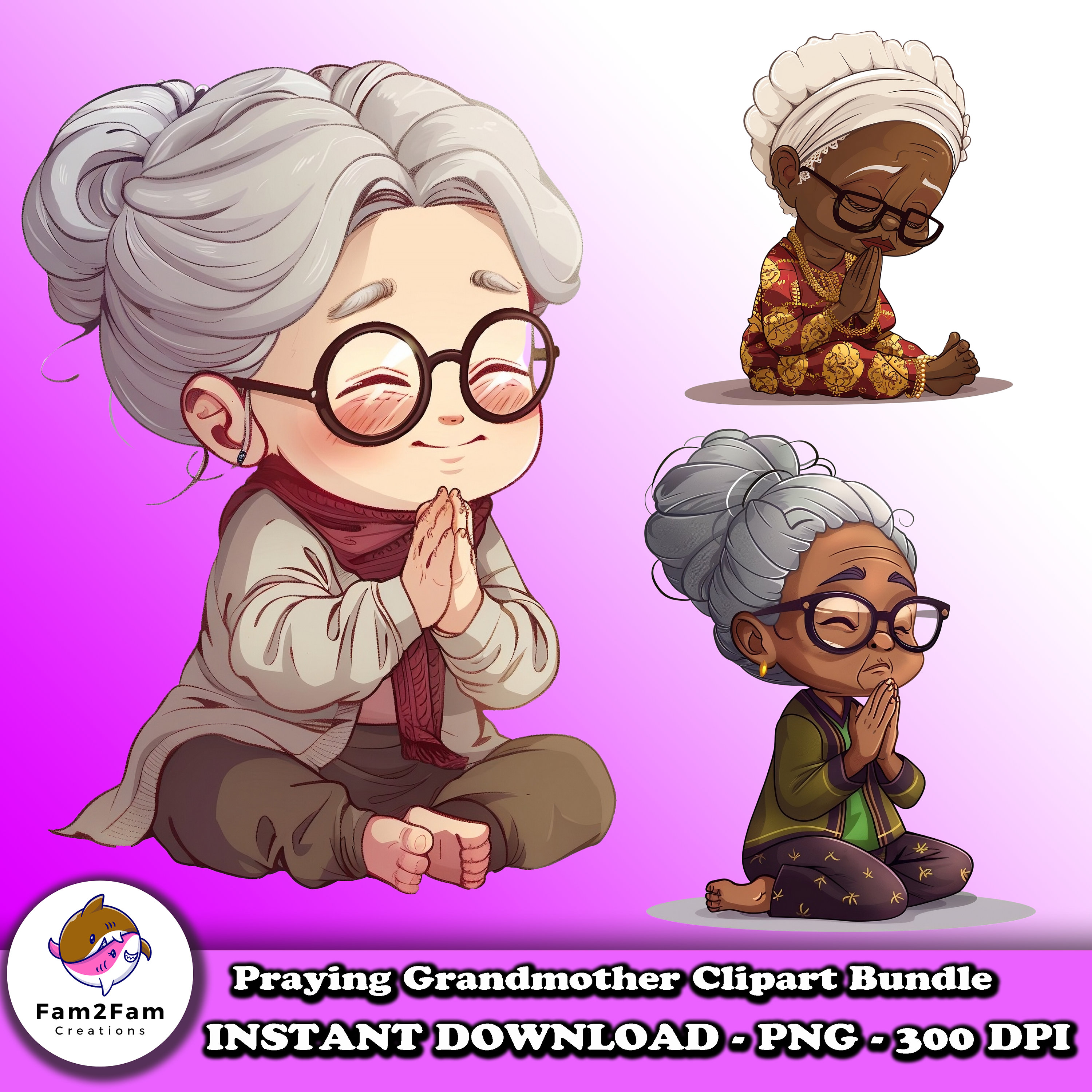 Cute Praying Grandmother Chibi Clipart Bundle Mother or Grandmother ...