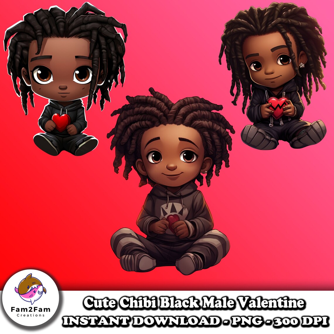 Cute Black Male Chibi Valentine Clipart Bundle Dreads Black Boy Cartoon ...