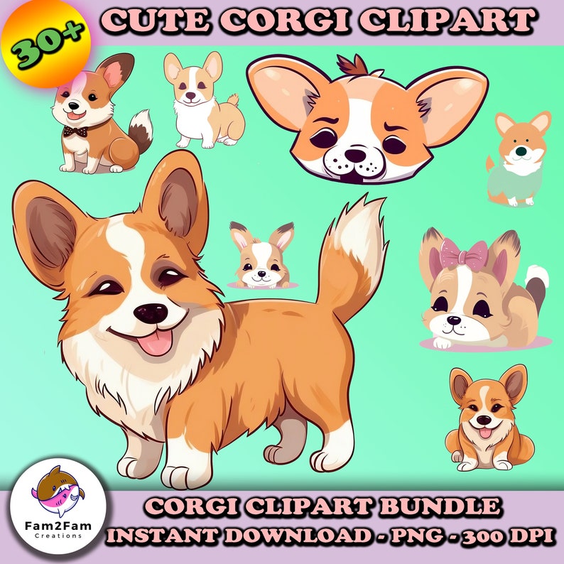 Cute Corgi Cartoon Clipart, 30+ PNG Images (digital Download) - Etsy