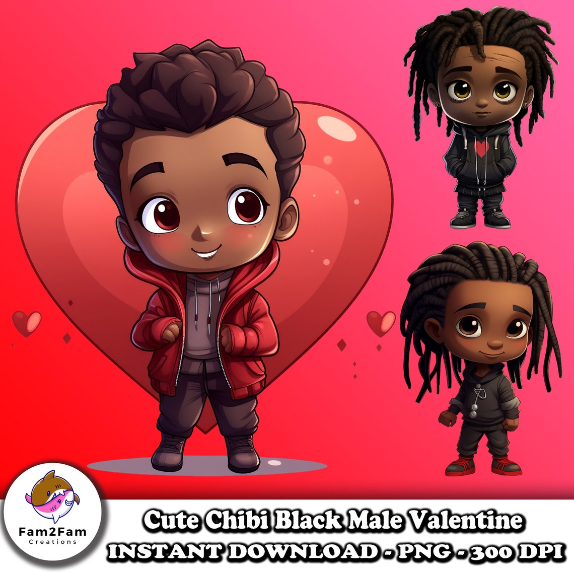Cute Black Male Chibi Valentine Clipart Bundle Dreads Black Boy Cartoon ...