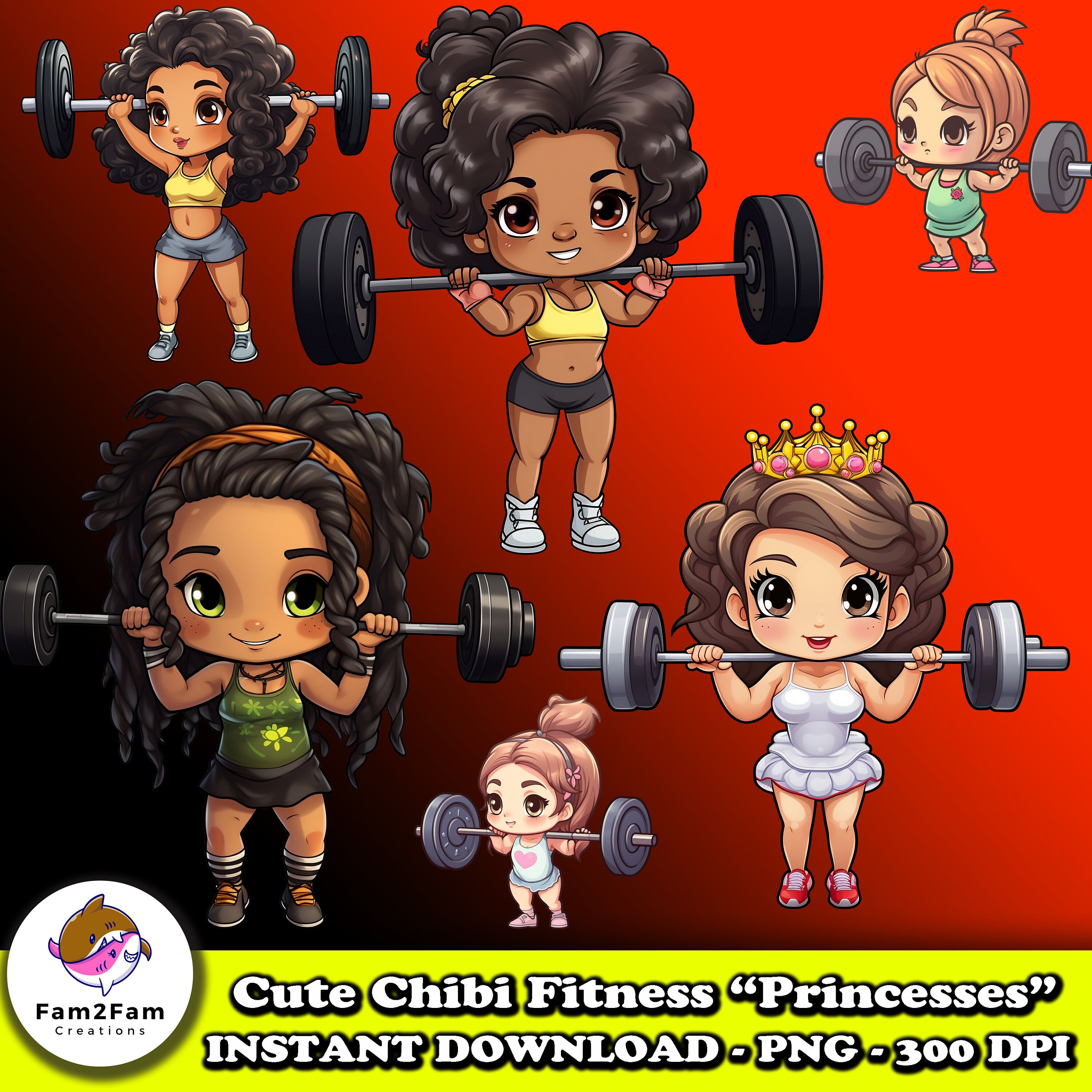 Cute Fitness Clipart Bundle Strong Fitness Girls Clip Art Chibi Style ...